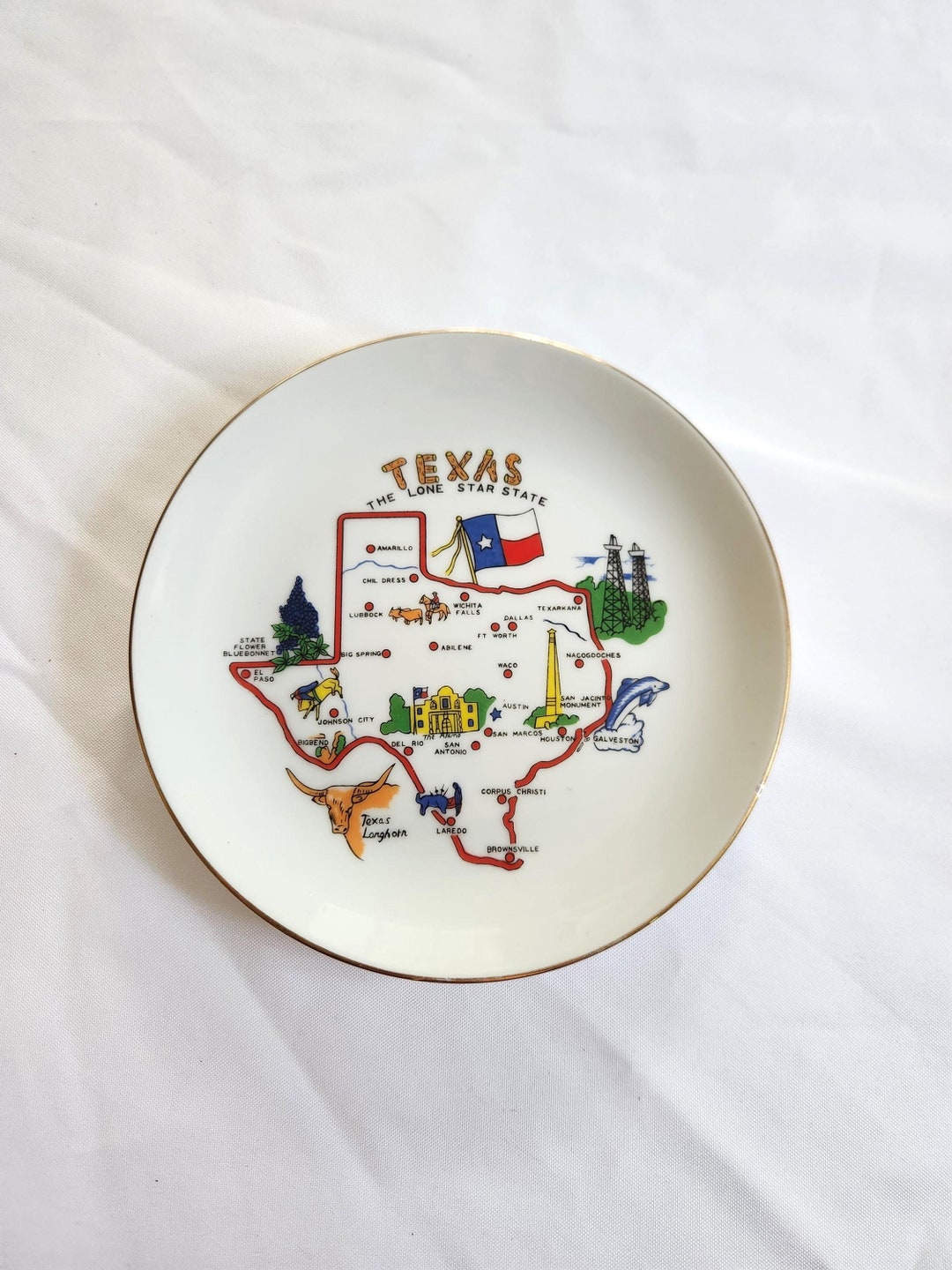 Vintage Texas State Map Souvenir Plate --- Retro American Road Trip ...