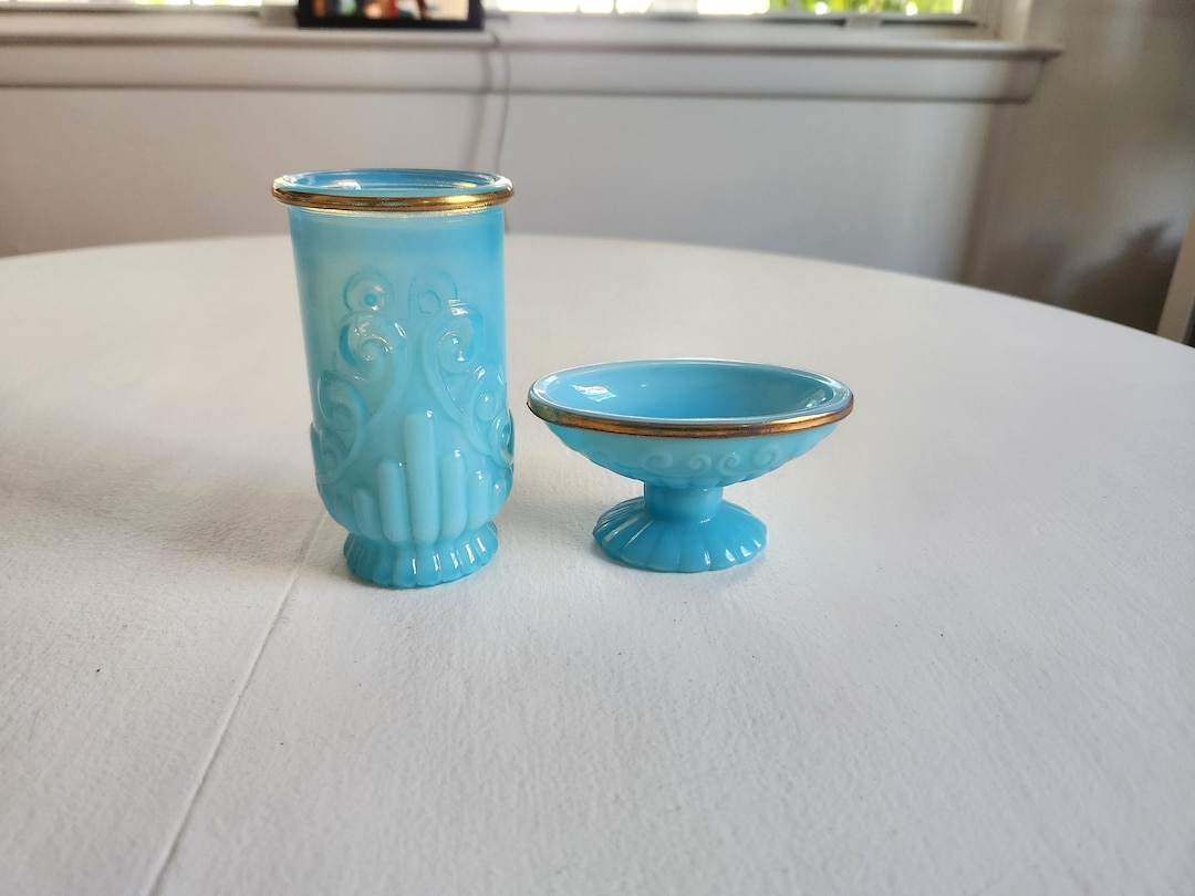 Vintage Avon Blue Opalescent Glass Vase & Dish Vanity Set --- Retro ...