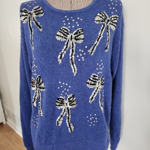 Vintage Worthington Silver Sequins Bows Blue Sweater -- Retro Jazzy Fun Embellished 80s Style ...