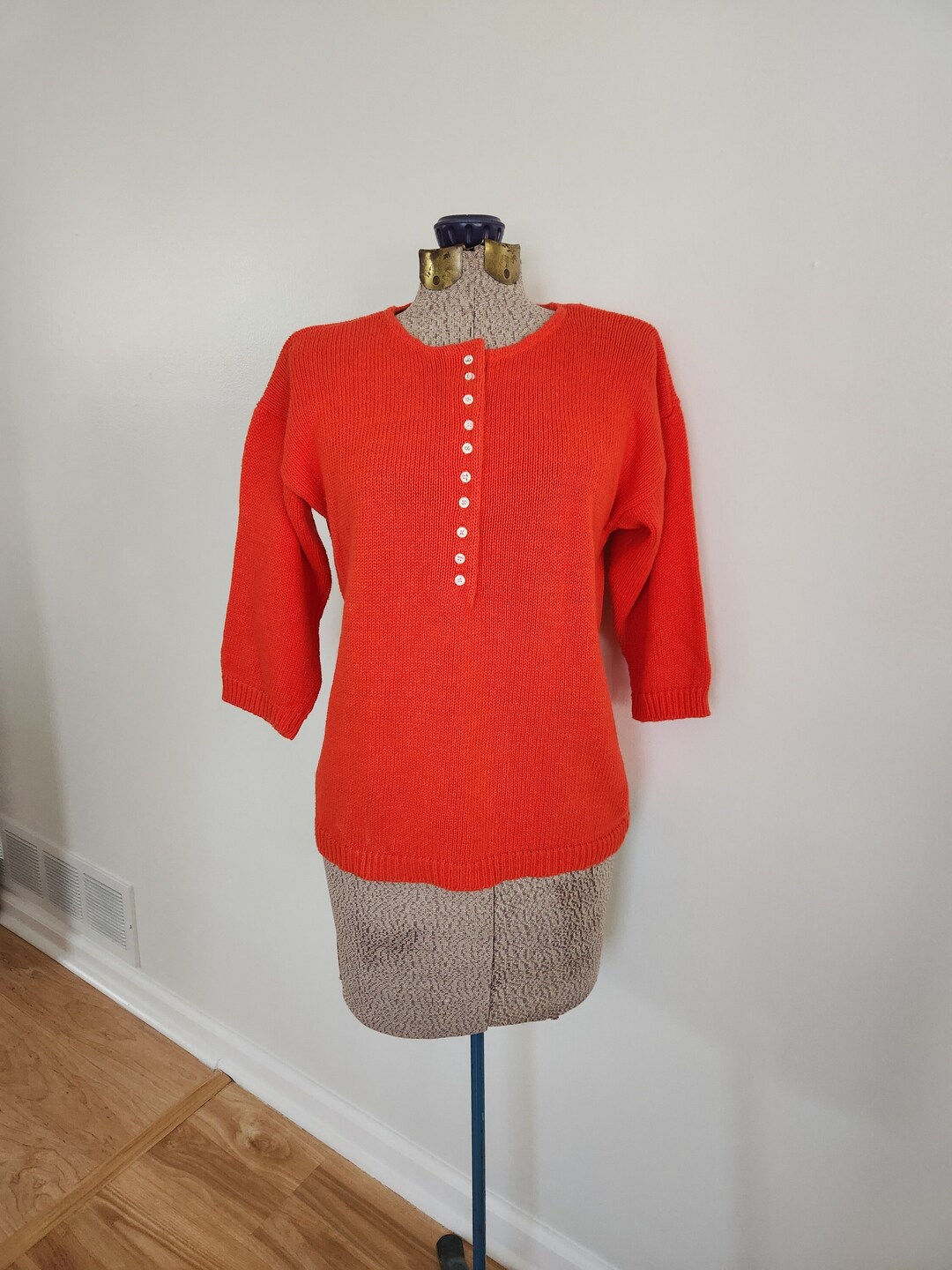 Vintage Trousers up Half Button Vermillion Orange Sweater --- Retro ...