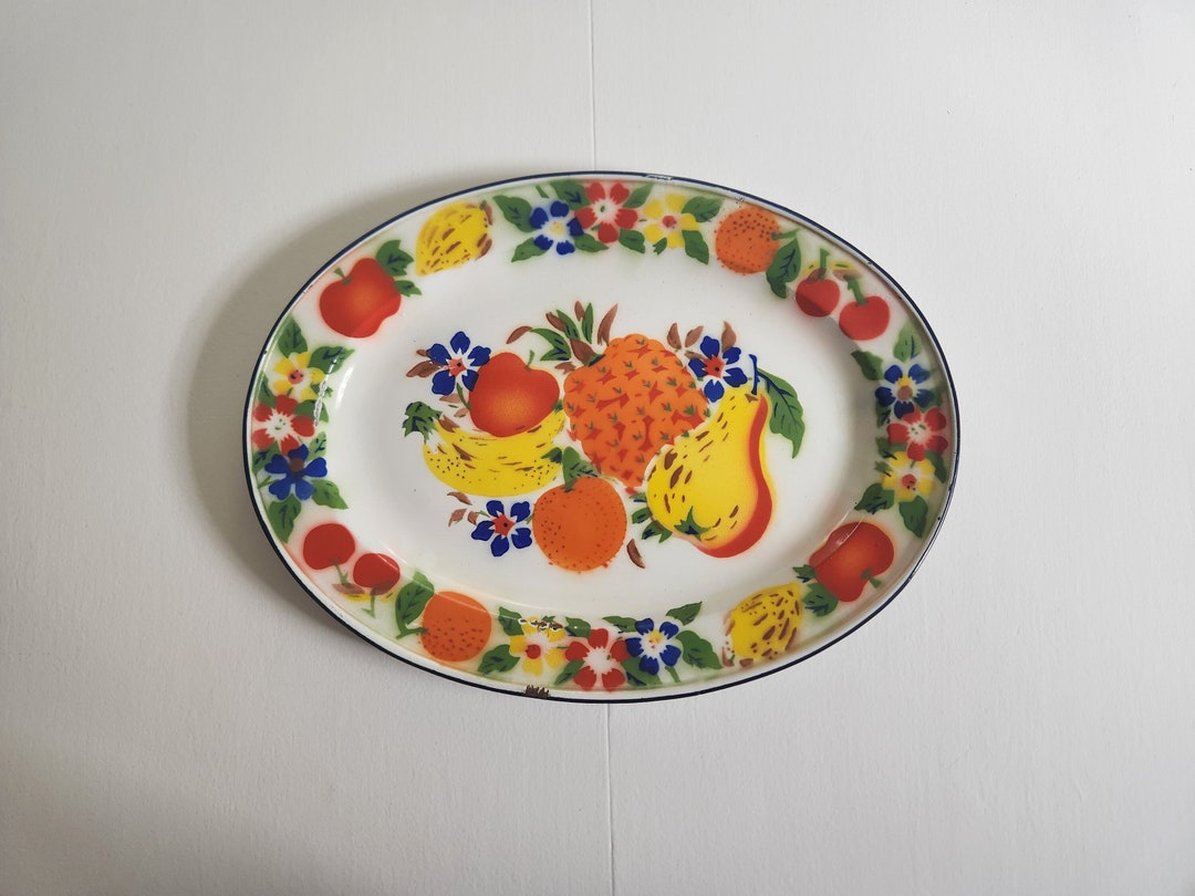 Vintage Fruit Enamel Serving Platter --- Retro Colorful Fruit Kitchen ...