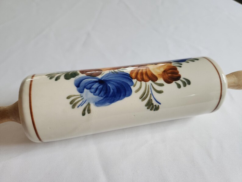 Vintage Hand Painted Flowers Ceramic & Wood Rolling Pin --- Antique ...
