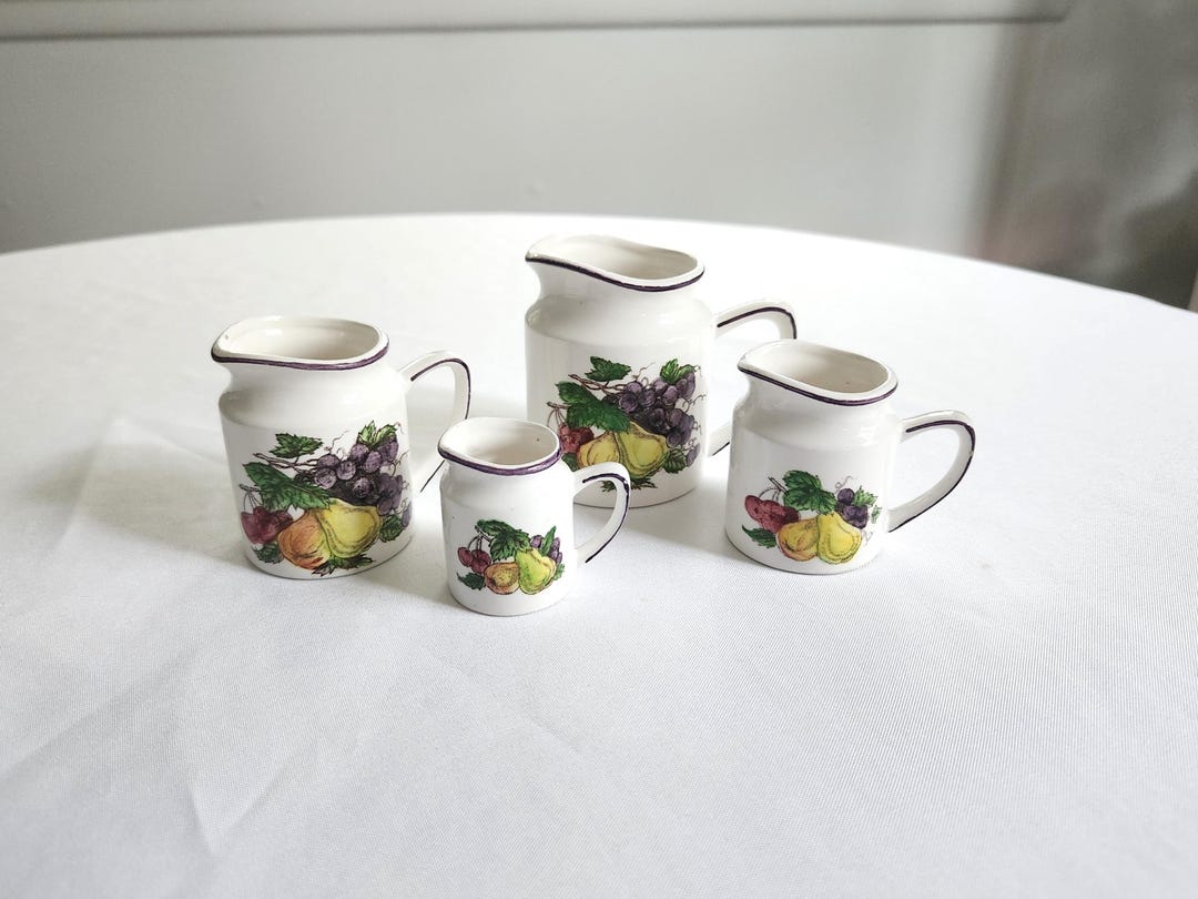 Vintage Fruits White Ceramic Measuring Pitchers - Set of Four - Retro ...