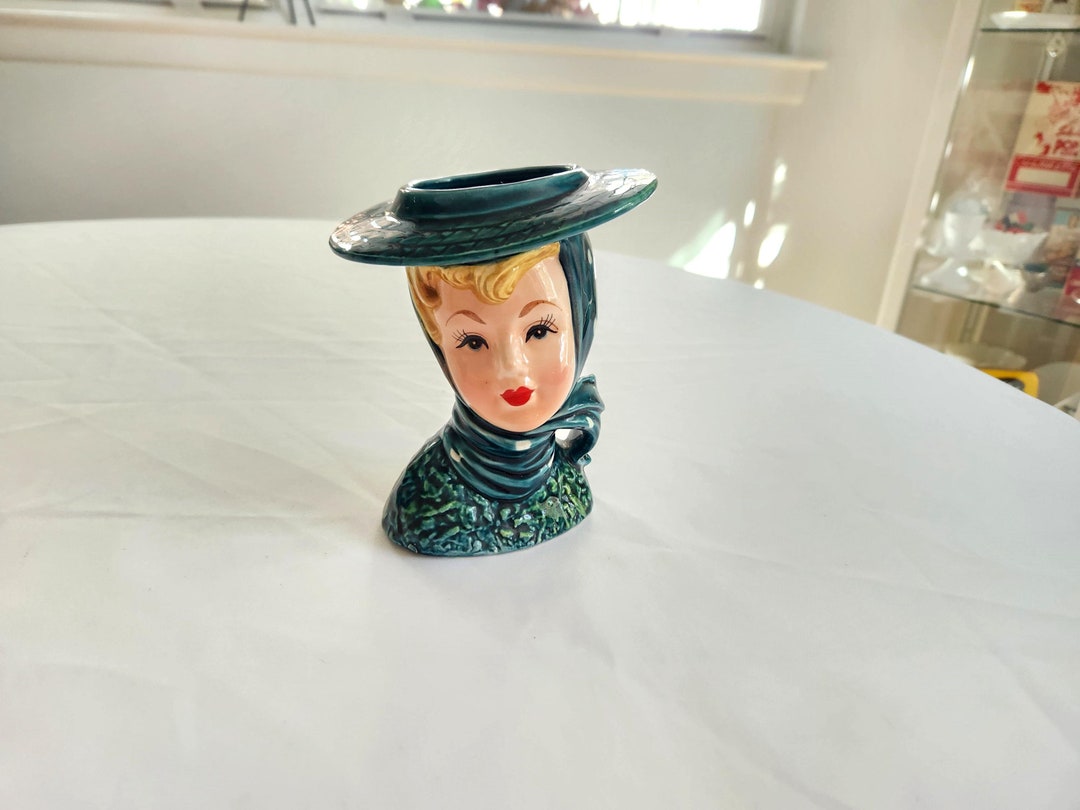 Vintage Lefton 4556 Woman Head With Hat & Scarf Ceramic Planter ...