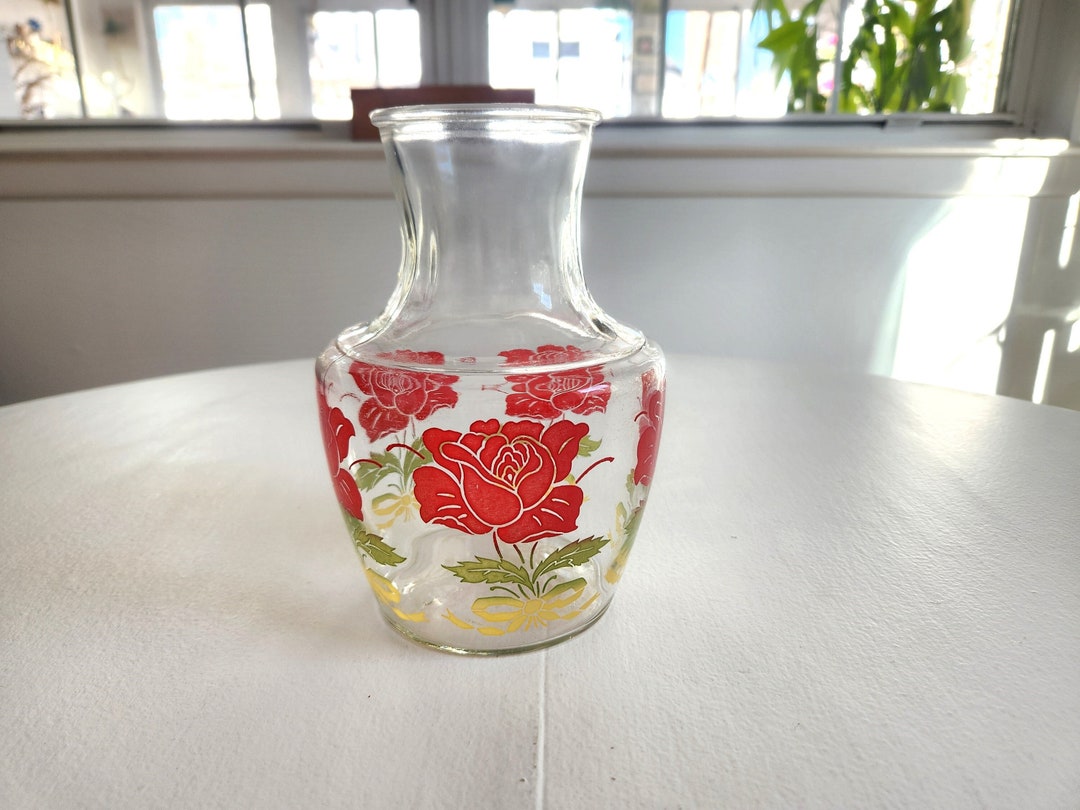Vintage Anchor Hocking Red Roses Glass Carafe --- Retro Floral Juice ...