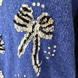 Vintage Worthington Silver Sequins Bows Blue Sweater -- Retro Jazzy Fun Embellished 80s Style ...