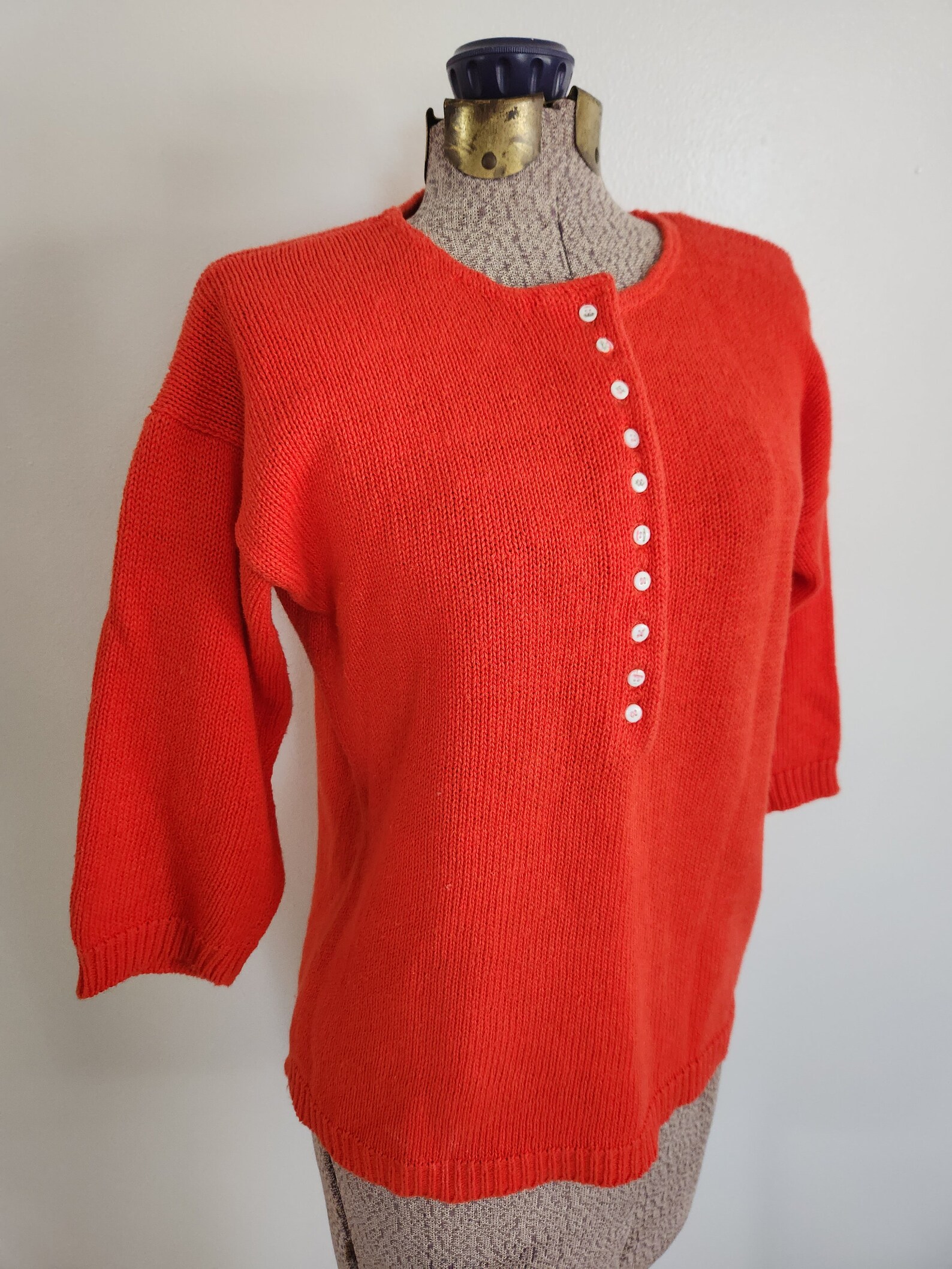 Vintage Trousers up Half Button Vermillion Orange Sweater --- Retro ...