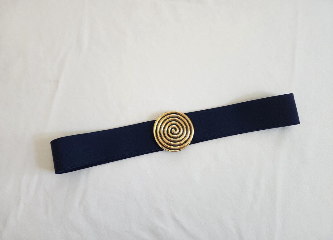 Vintage Swirl Circle Gold Tone Metal Buckle Navy Blue Elastic Waist ...