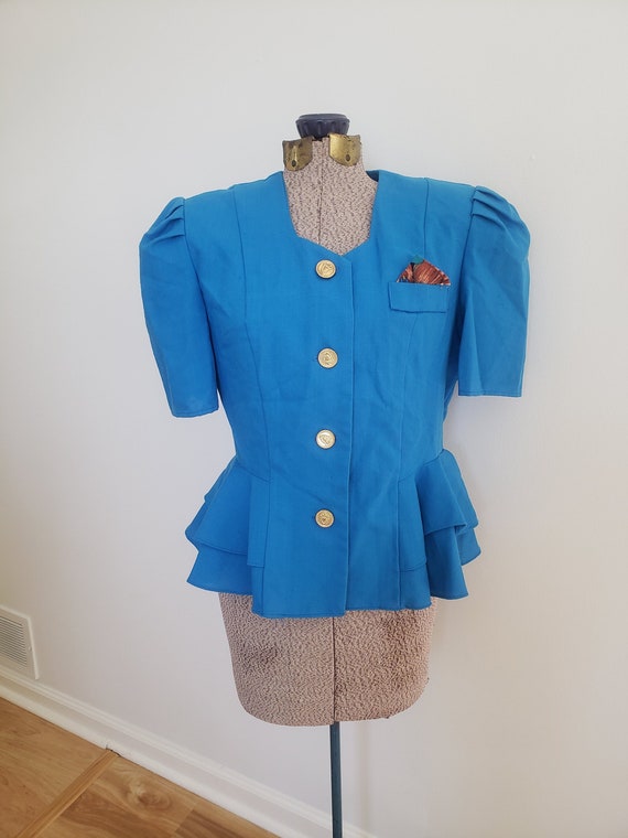 Vintage Reina Blue Ruffled Suit Jacket Style Tailored… - Gem