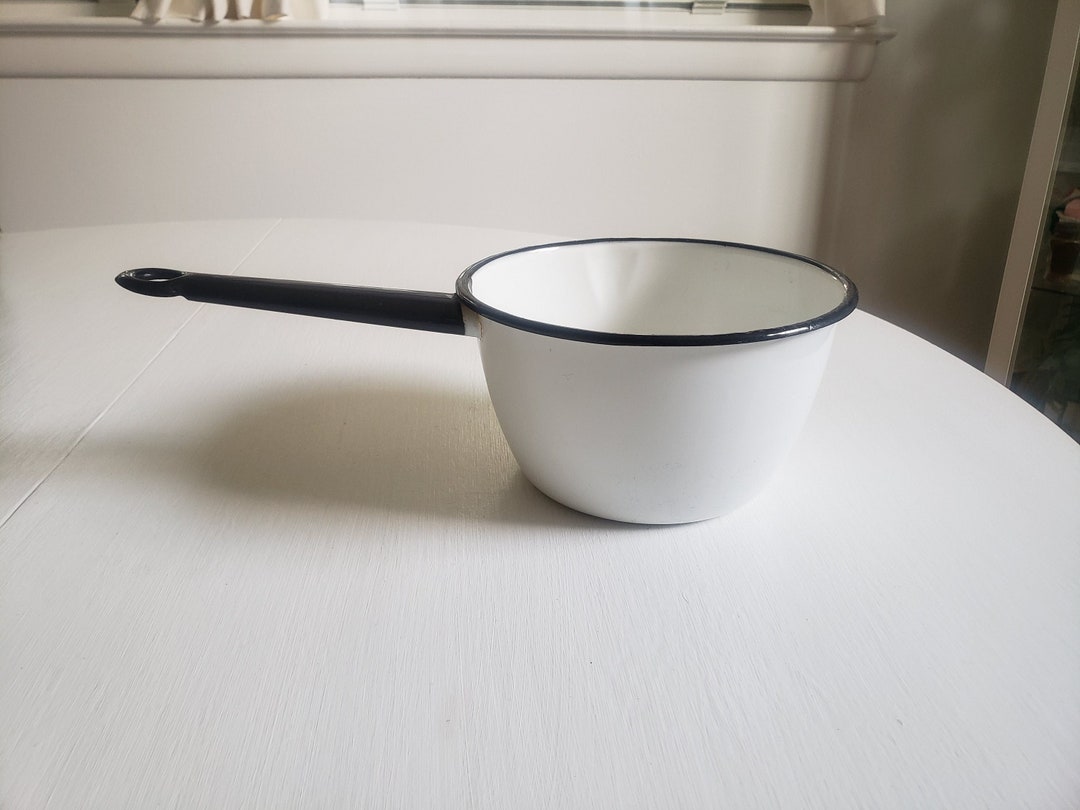 Vintage Small White & Black Enamel Pot Little Retro Sauce Pan ...