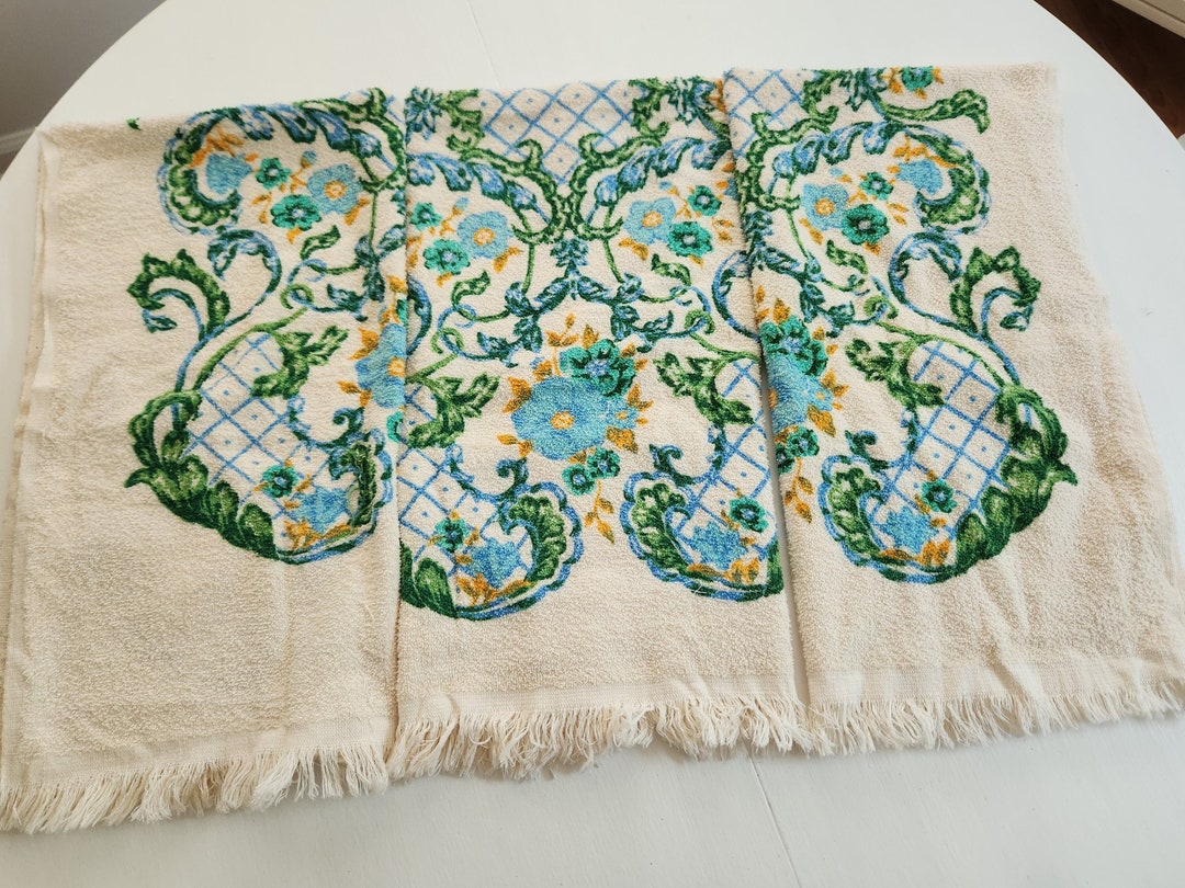 Vintage Cannon Blue & Green Floral Filigree Bath Towels - Set of Three ...
