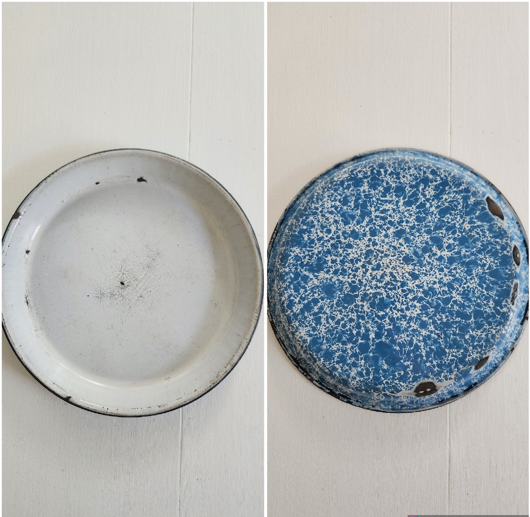 Antique Marbled Splatter Blue & White Enamel Pie Tin Dish - Vintage ...