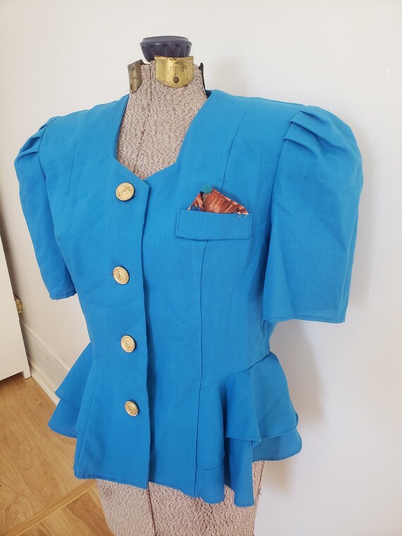 Vintage Reina Blue Ruffled Suit Jacket Style Tailored… - Gem