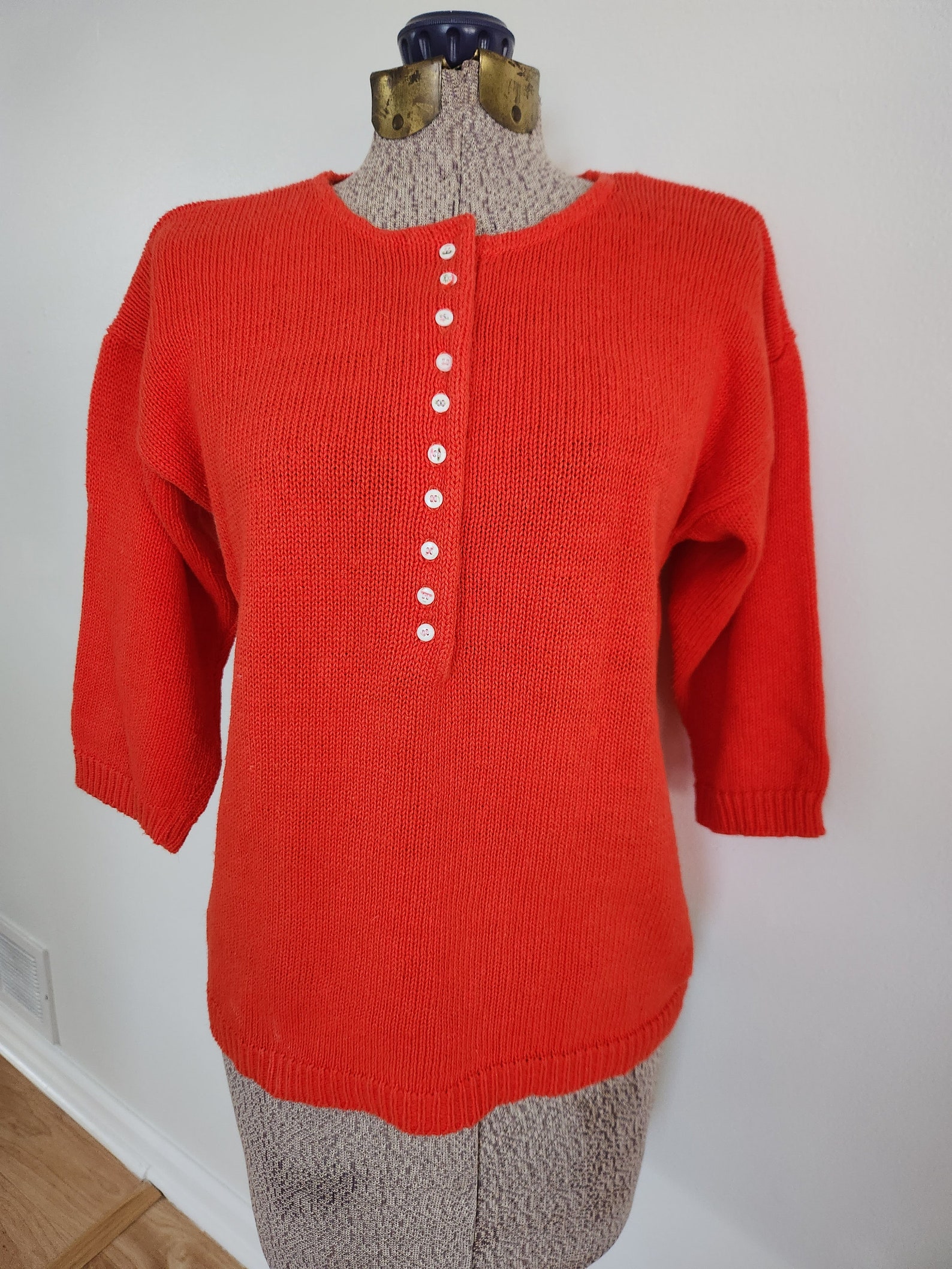 Vintage Trousers up Half Button Vermillion Orange Sweater --- Retro ...