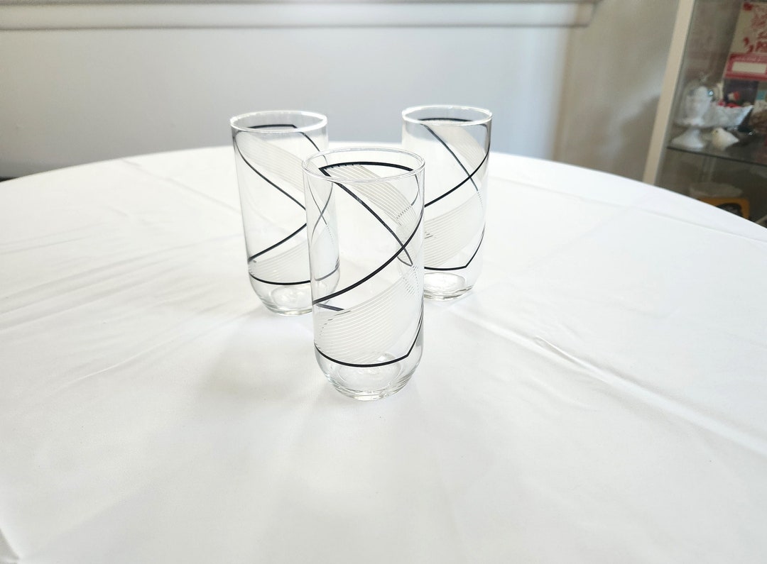 Vintage White & Black Line Clear Glass Drinking Glasses - Set of Three ...