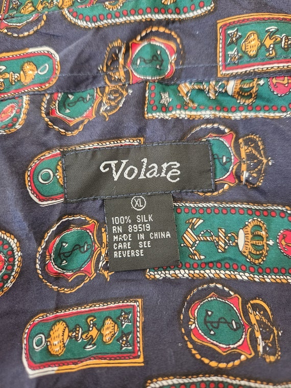 Vintage Volare Navy Military Emblem Pattern Silk Shir… - Gem