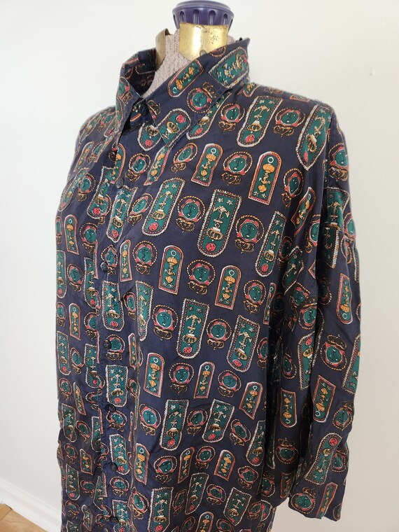 Vintage Volare Navy Military Emblem Pattern Silk Shir… - Gem