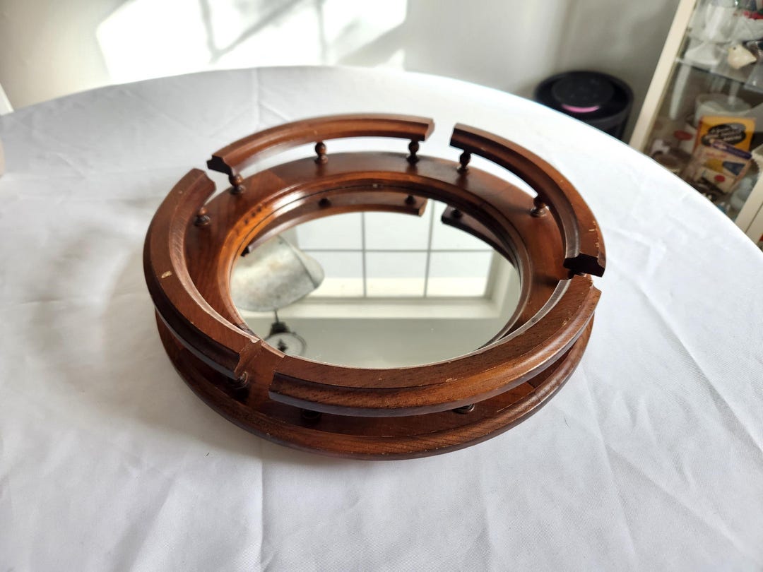 Vintage Lazy Susan Wood & Glass Mirror Round Tray - Retro Booze Bottle ...