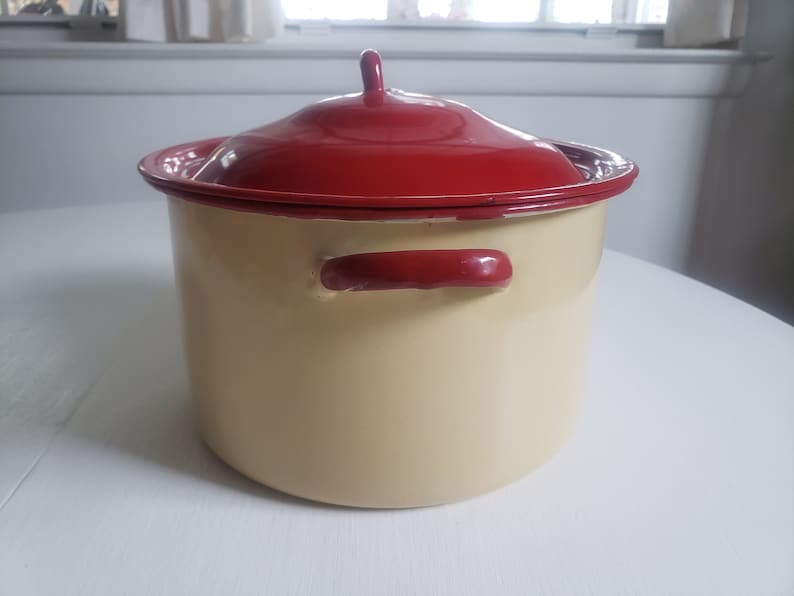 Vintage Red & Cream Yellow Enamel Pot With Lid --- Retro Colorful ...