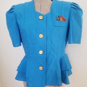 Vintage Reina Blue Ruffled Suit Jacket Style Tailored Blouse -- Retro ...