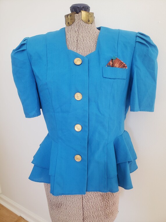 Vintage Reina Blue Ruffled Suit Jacket Style Tailored… - Gem