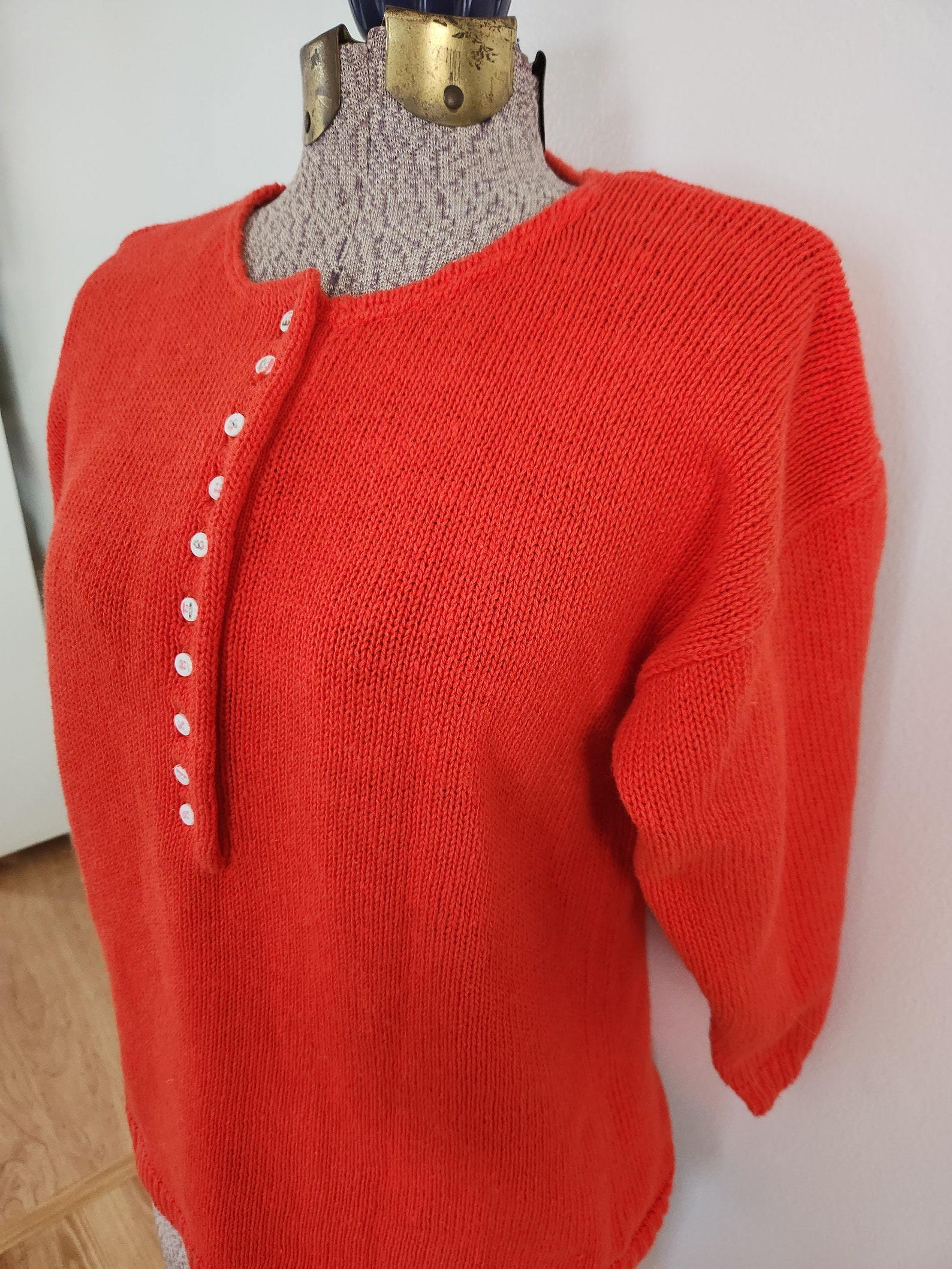 Vintage Trousers up Half Button Vermillion Orange Sweater --- Retro ...