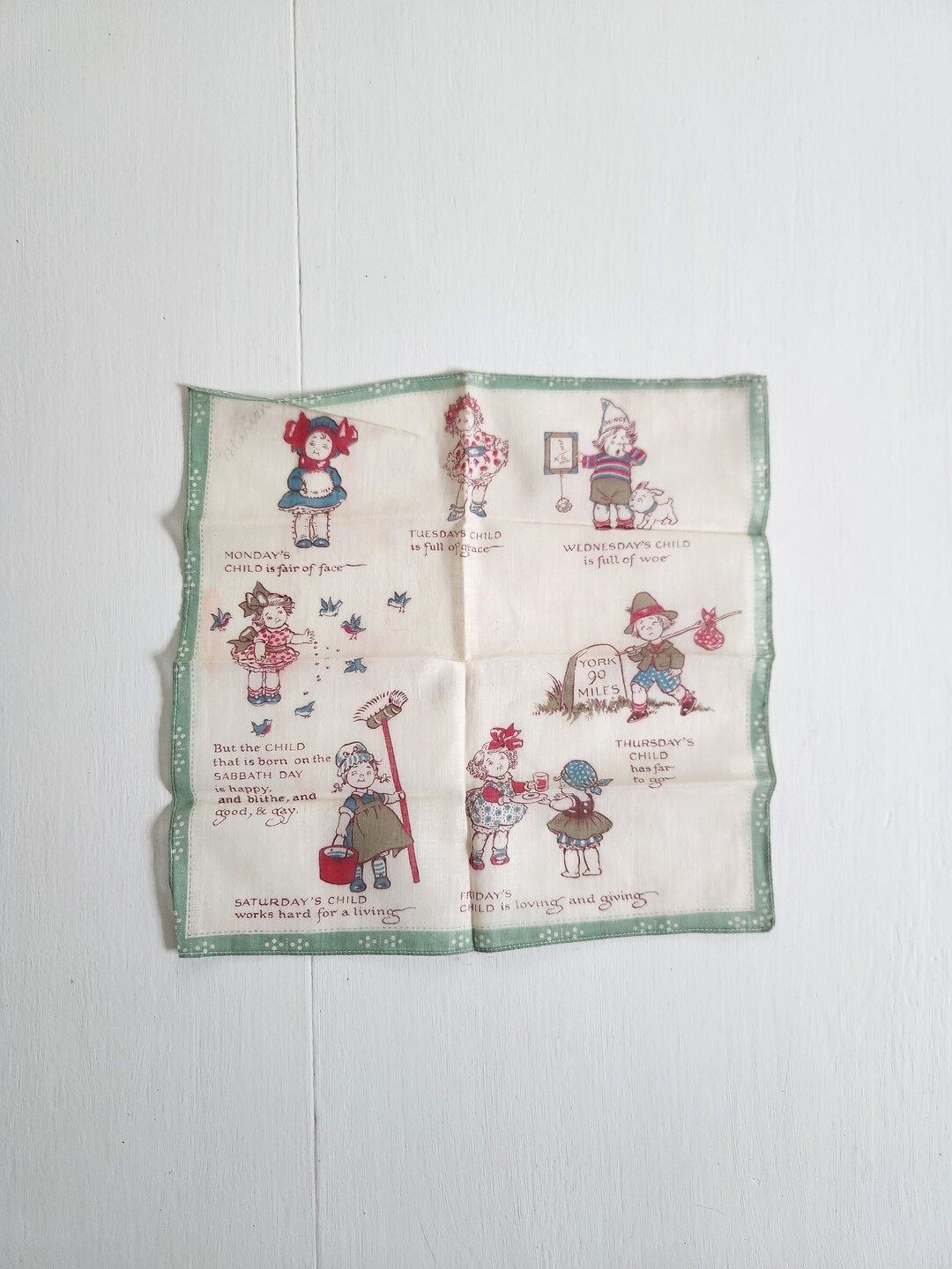 Vintage Monday's Child Children's Poem Handkerchief - Etsy
