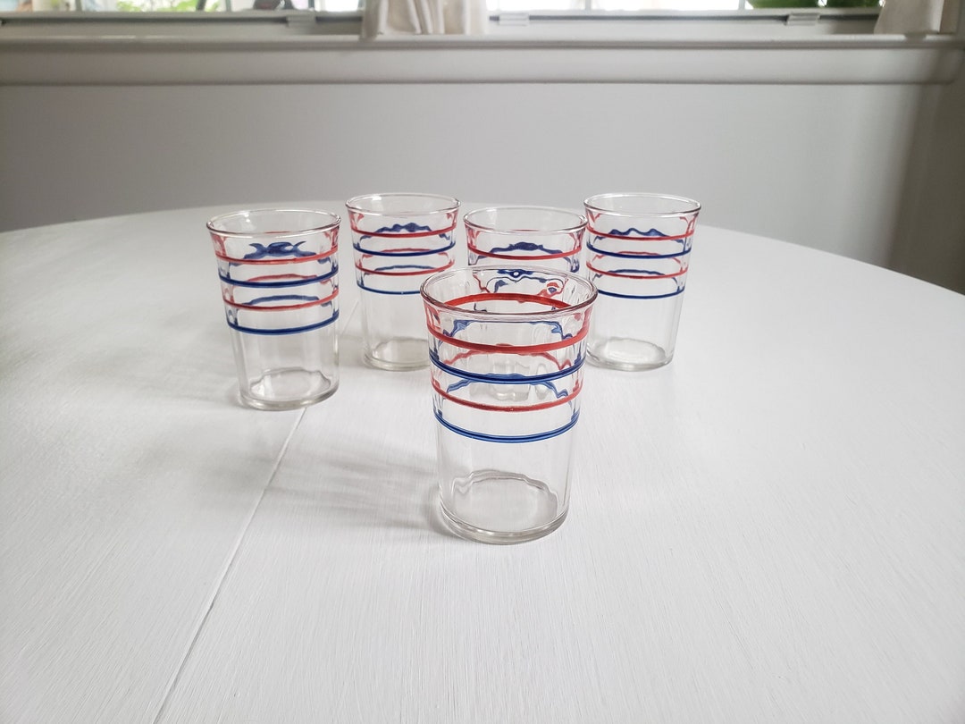 Vintage Red & Blue Striped Simple Juice Glasses - Set of Five - Retro ...