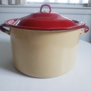 Vintage Red & Cream Yellow Enamel Pot With Lid --- Retro Colorful ...