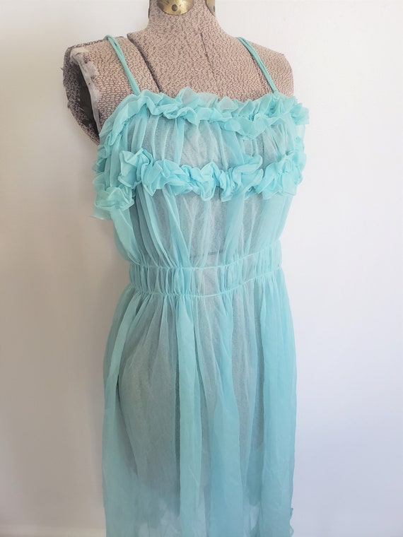 Vintage Blue Ruffled Sheer Negligee Dress --- Retro 1… - Gem
