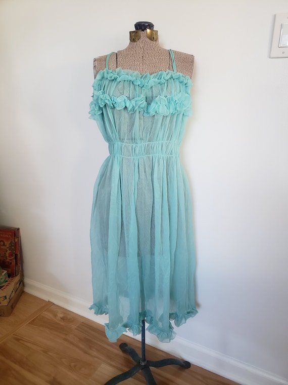 Vintage Blue Ruffled Sheer Negligee Dress --- Retro 1… - Gem