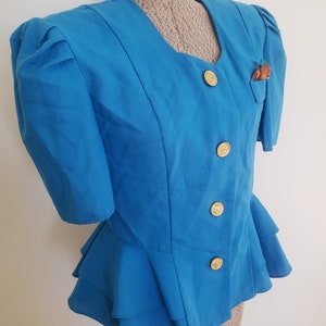 Vintage Reina Blue Ruffled Suit Jacket Style Tailored Blouse -- Retro ...