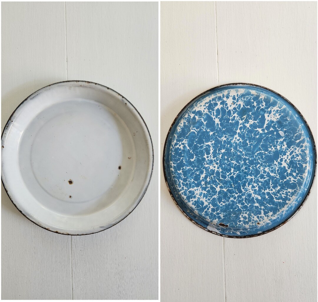 Antique Marbled Splatter Blue & White Enamel Pie Tin Dish Vintage ...