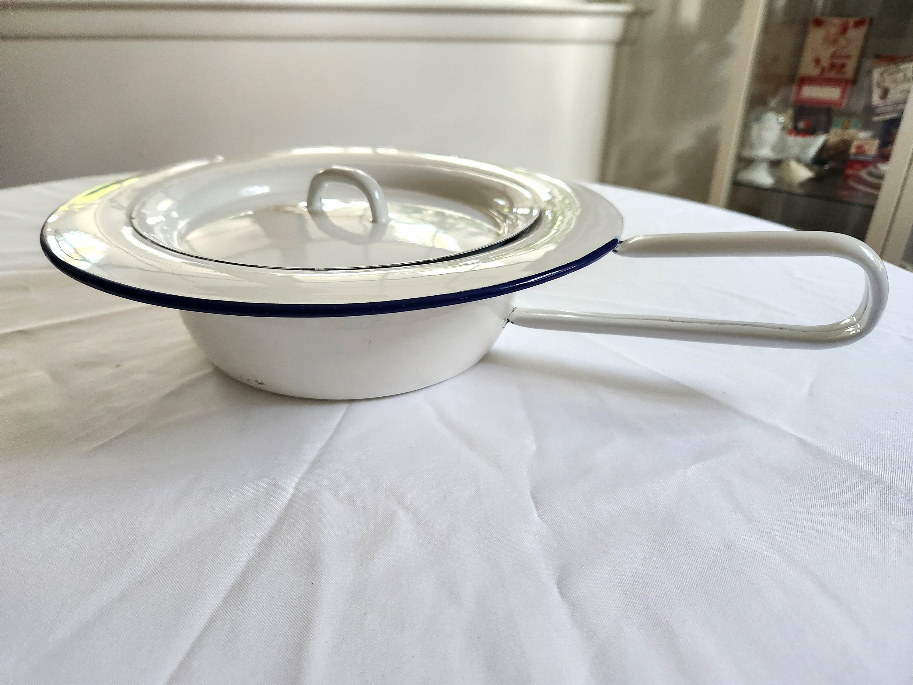 Vintage White Enamel Chamber Pot Long Handle Pan With Lid -- Antique ...