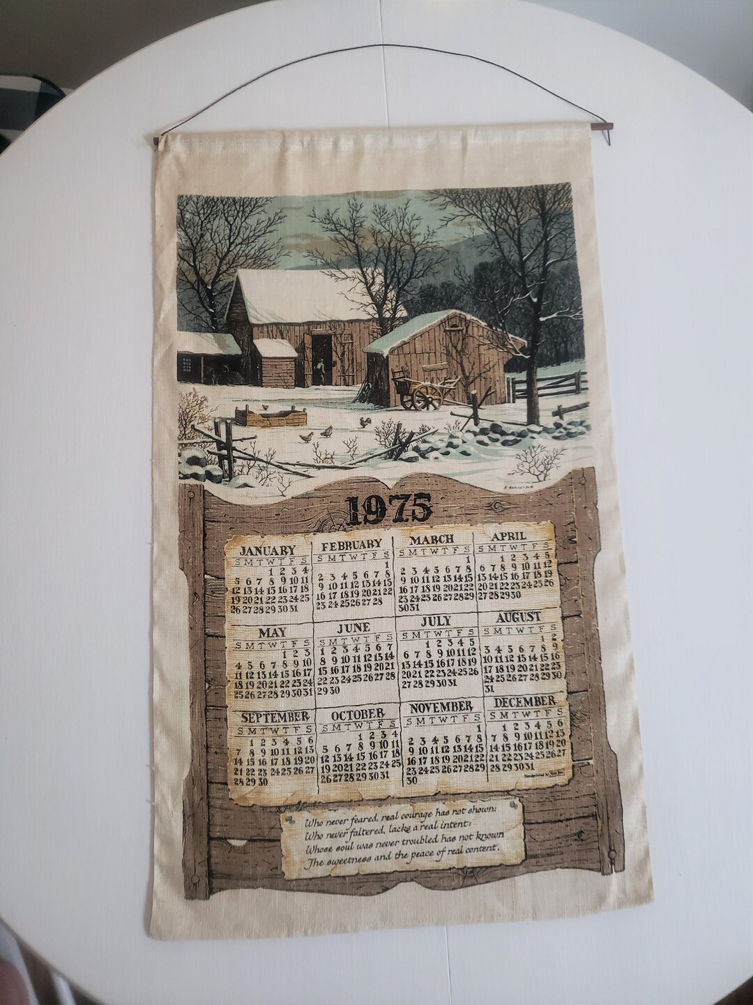 Vintage Kay Dee 1975 Calendar Wall Hanging Tapestry Retro Barn Winter ...