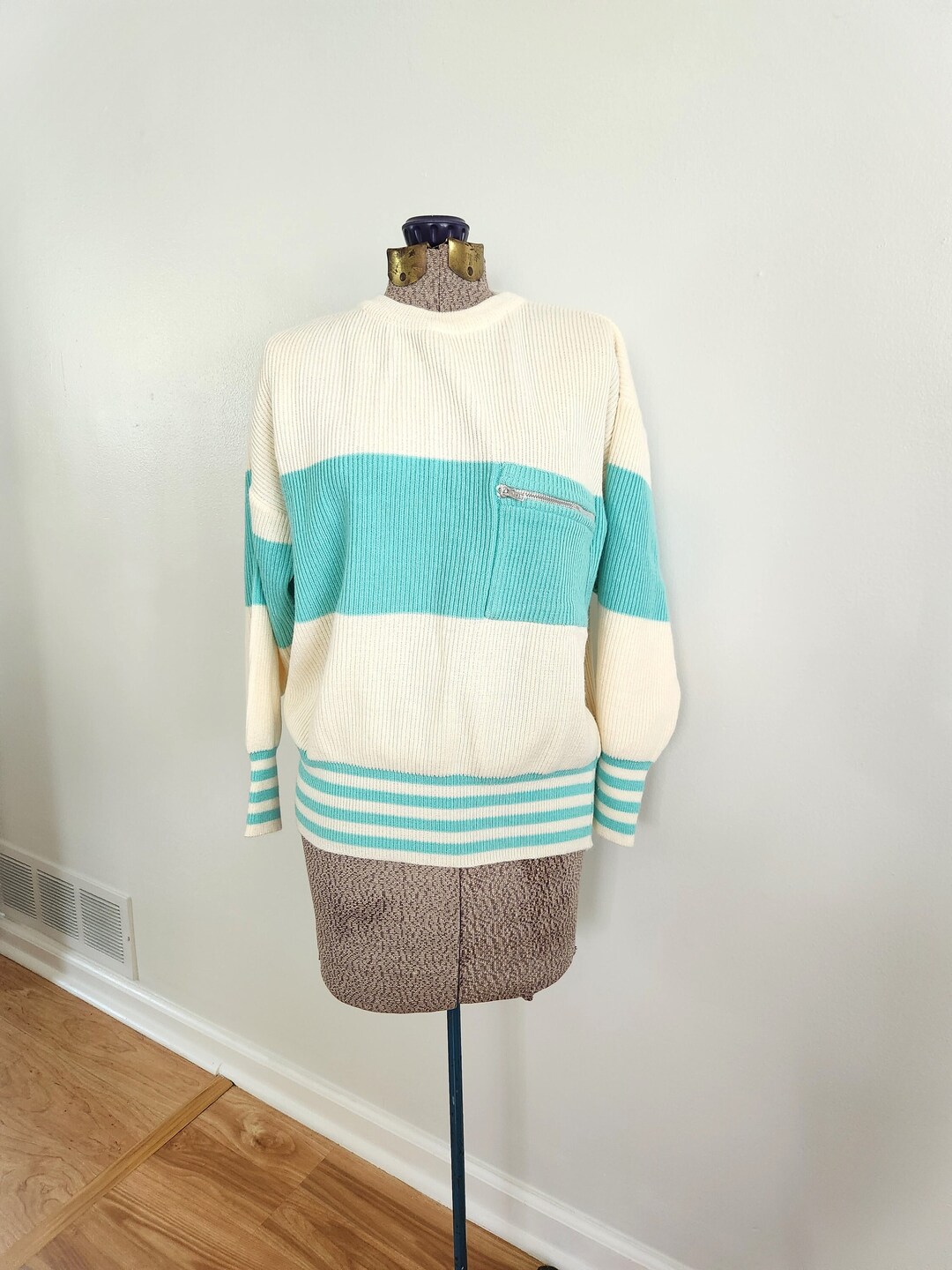 Vintage Andrew St. John Blue & White Sweater With Zippered Pocket ...