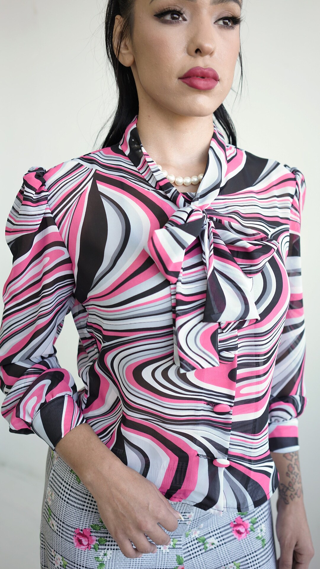 MOD Swirl Tie Front BLOUSE 90s Fashion - Pink Abstract Printed Blouse ...