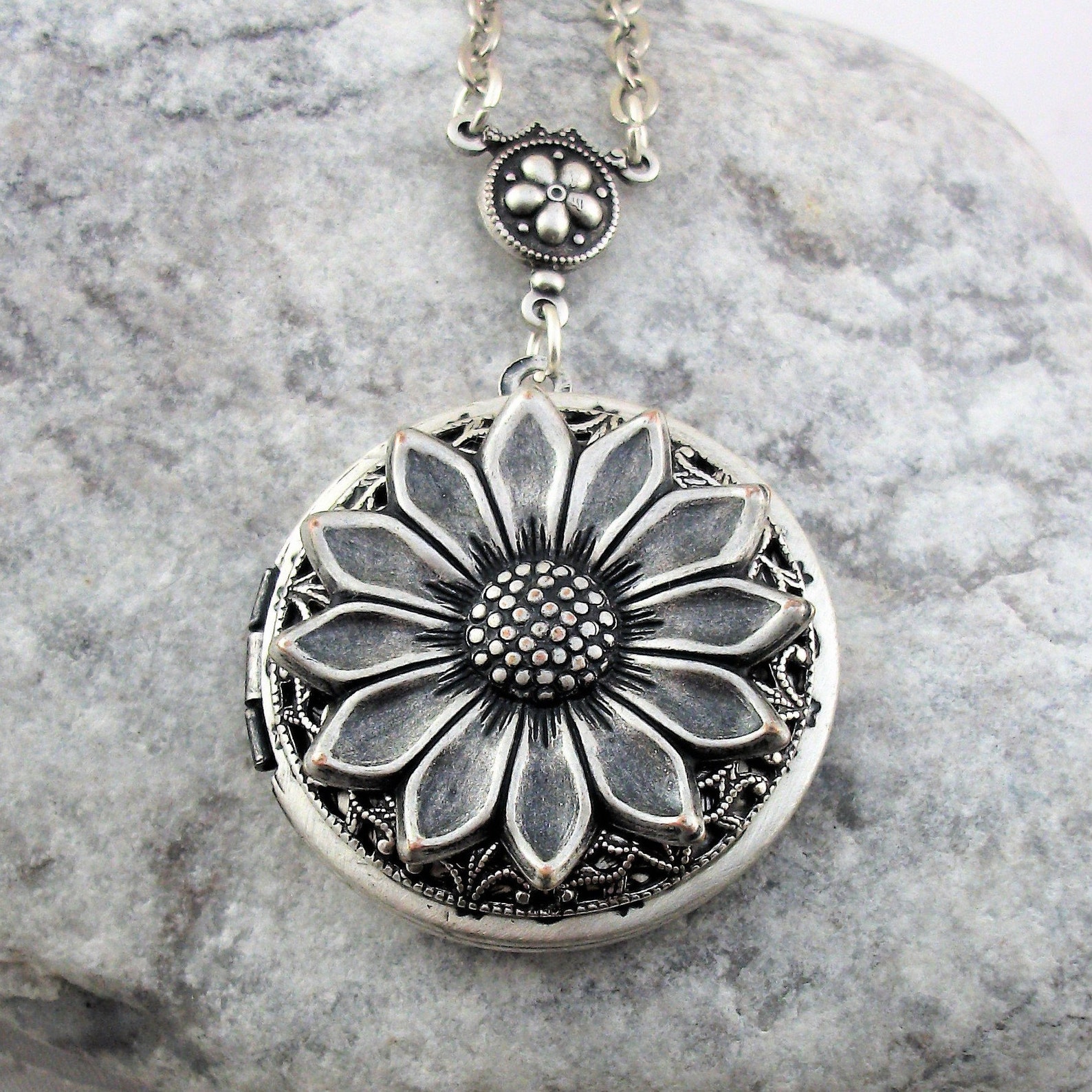 Silver Sunflower Locket. Necklace. Antique Style Pendant | Etsy