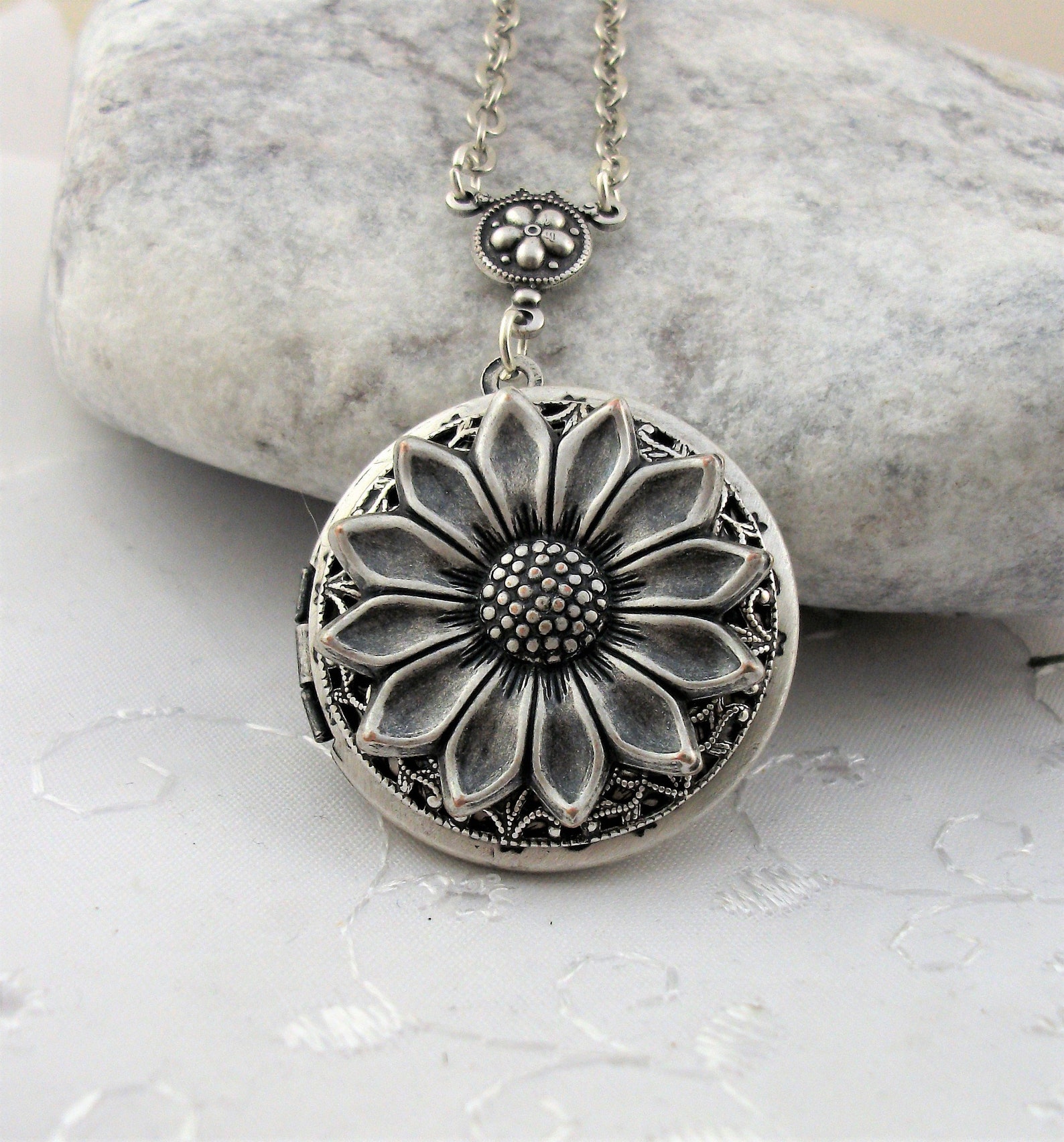 Silver Sunflower Locket. Necklace. Antique Style Pendant | Etsy