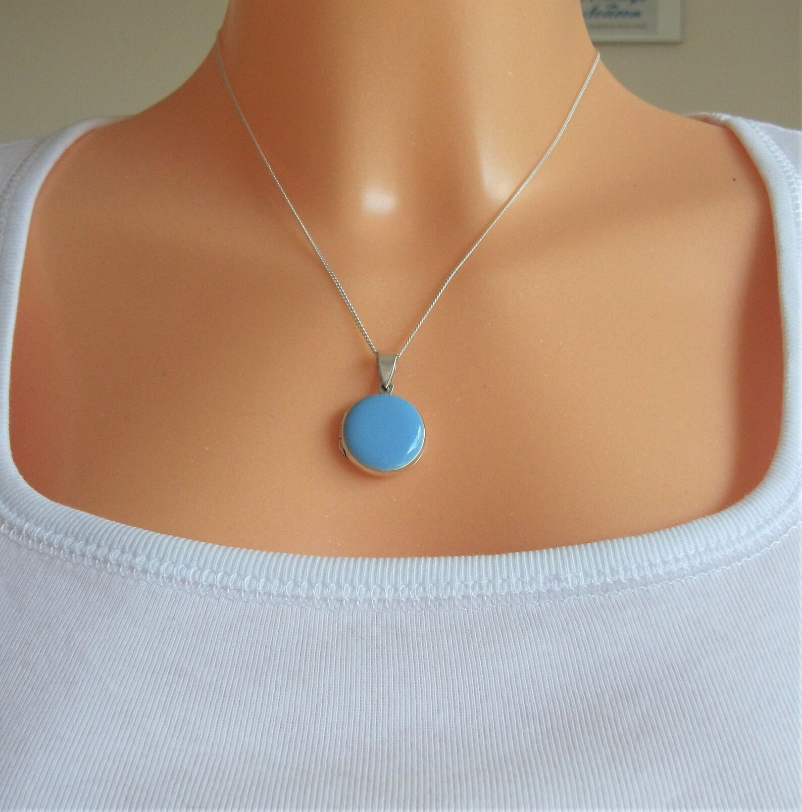 Sterling Silver Baby Blue Enamel Locket Necklace - Keepsake Photo ...