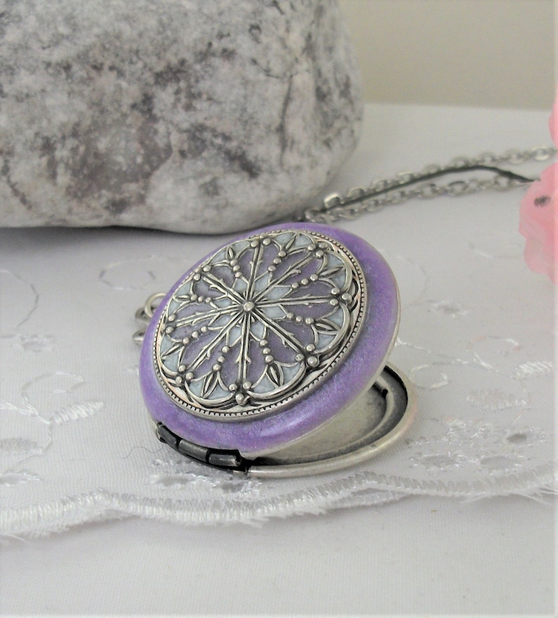 Lavender Filigree Locket Silver Enamel Necklace. Gift for - Etsy