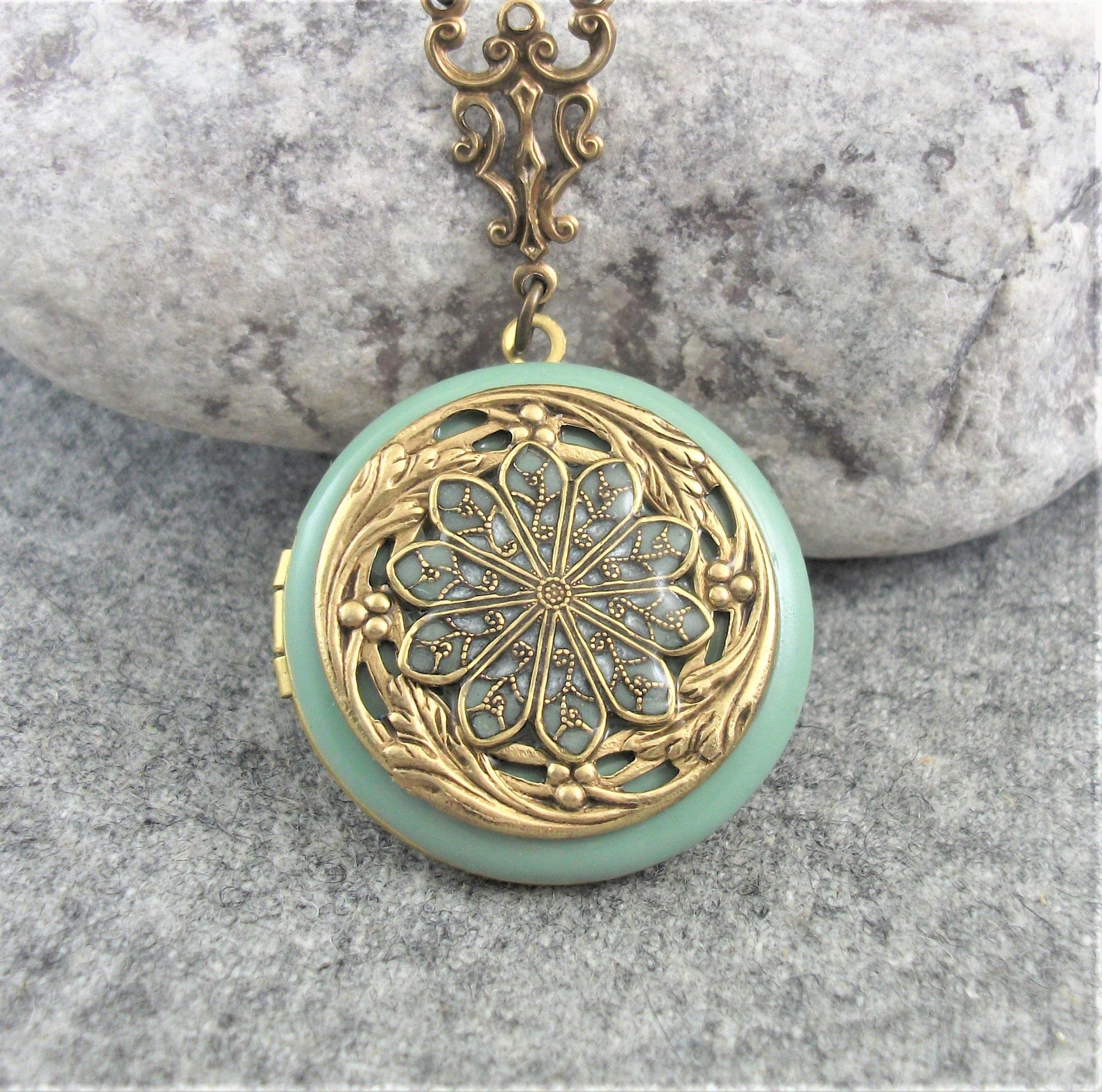 Sage Green Filigree Locket: Antique Brass Flower Pendant - Etsy