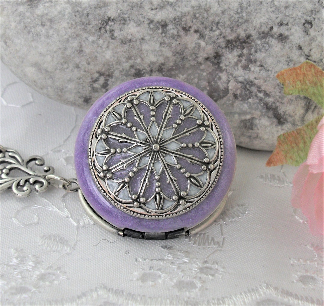 Lavender Filigree Locket, Silver Enamel Necklace. Gift for Women. - Etsy
