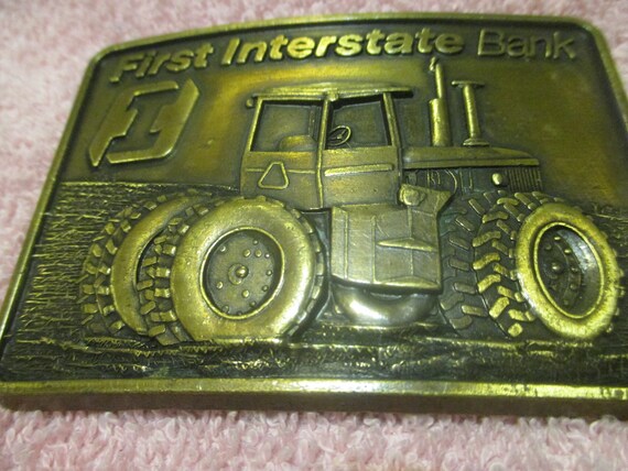 Vintage First Interstate Bank Tractor Brass Buckle # … - Gem