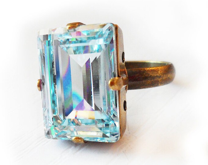 Light Blue Swarovski Ring Emerald Cut Ring Turquoise - Etsy