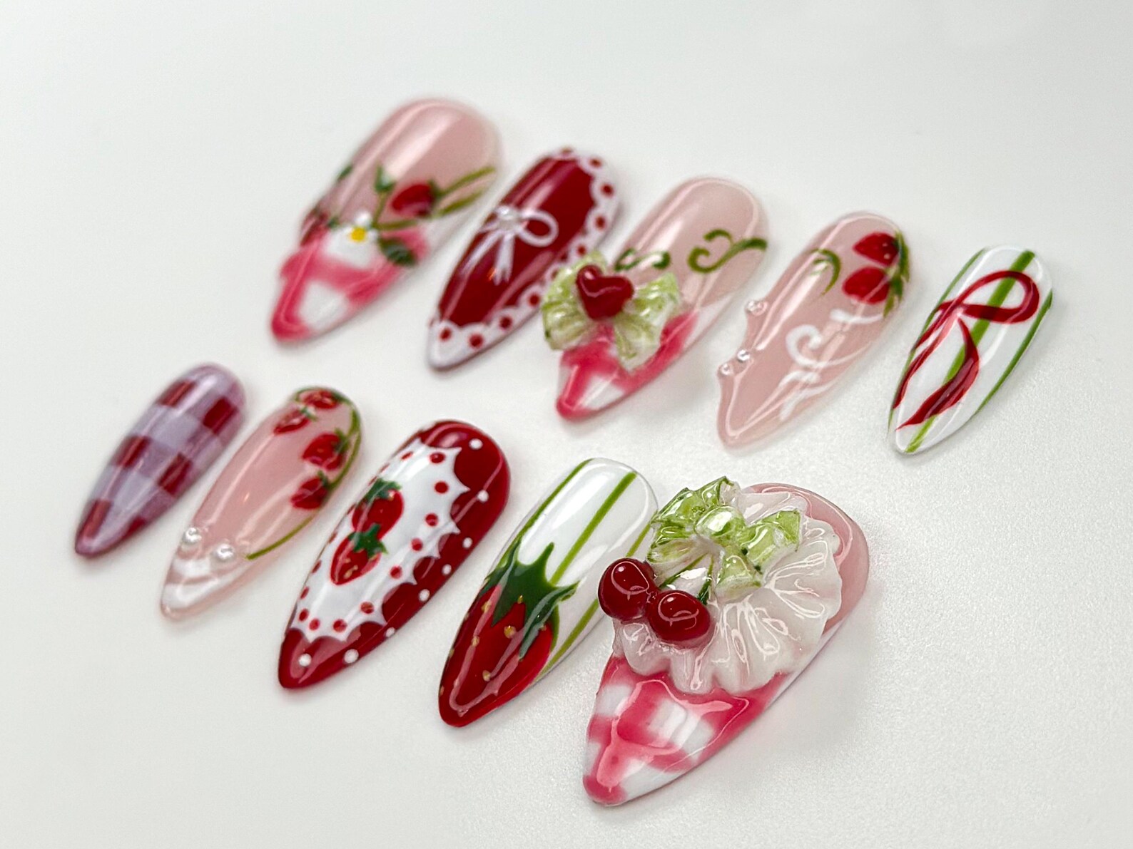 Strawberry Picnic Press on Nails | Cute 3D Strawberry and Bow Nail Art ...