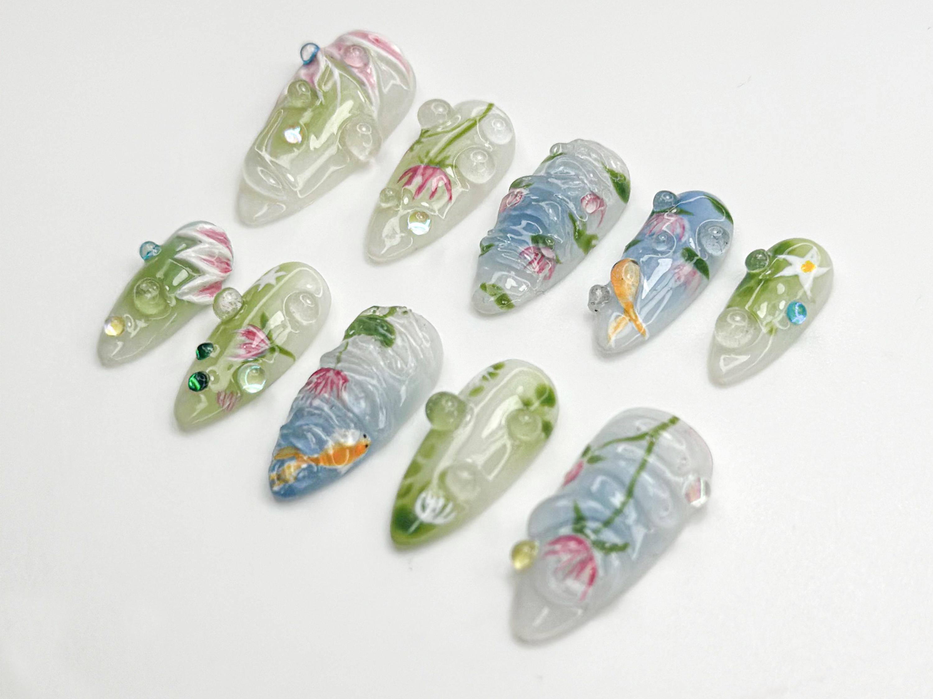 Stunning 3D Floral Fish Press-on Nails - Etsy
