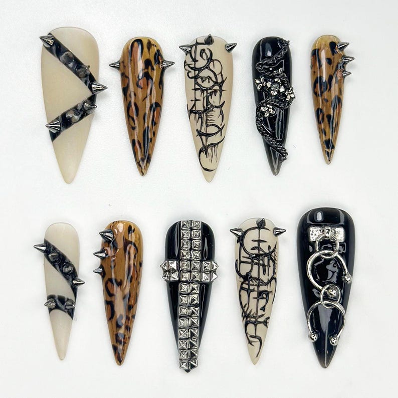 Gothic Punk Stiletto Press on Nails, Leopard Chrome Nail Art,edgy ...