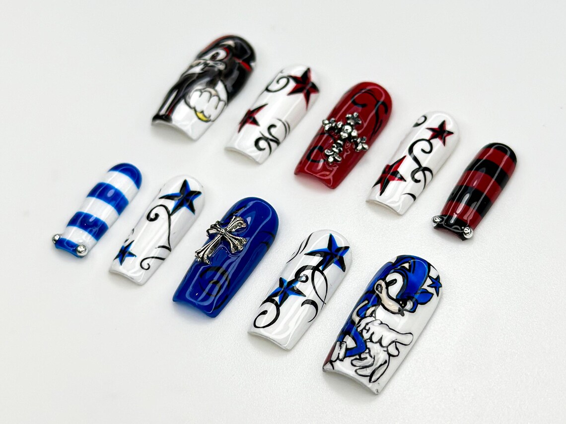 Sonic Vs Shadow Press on Nails,red & Blue Star Nails,edgy Cartoon ...