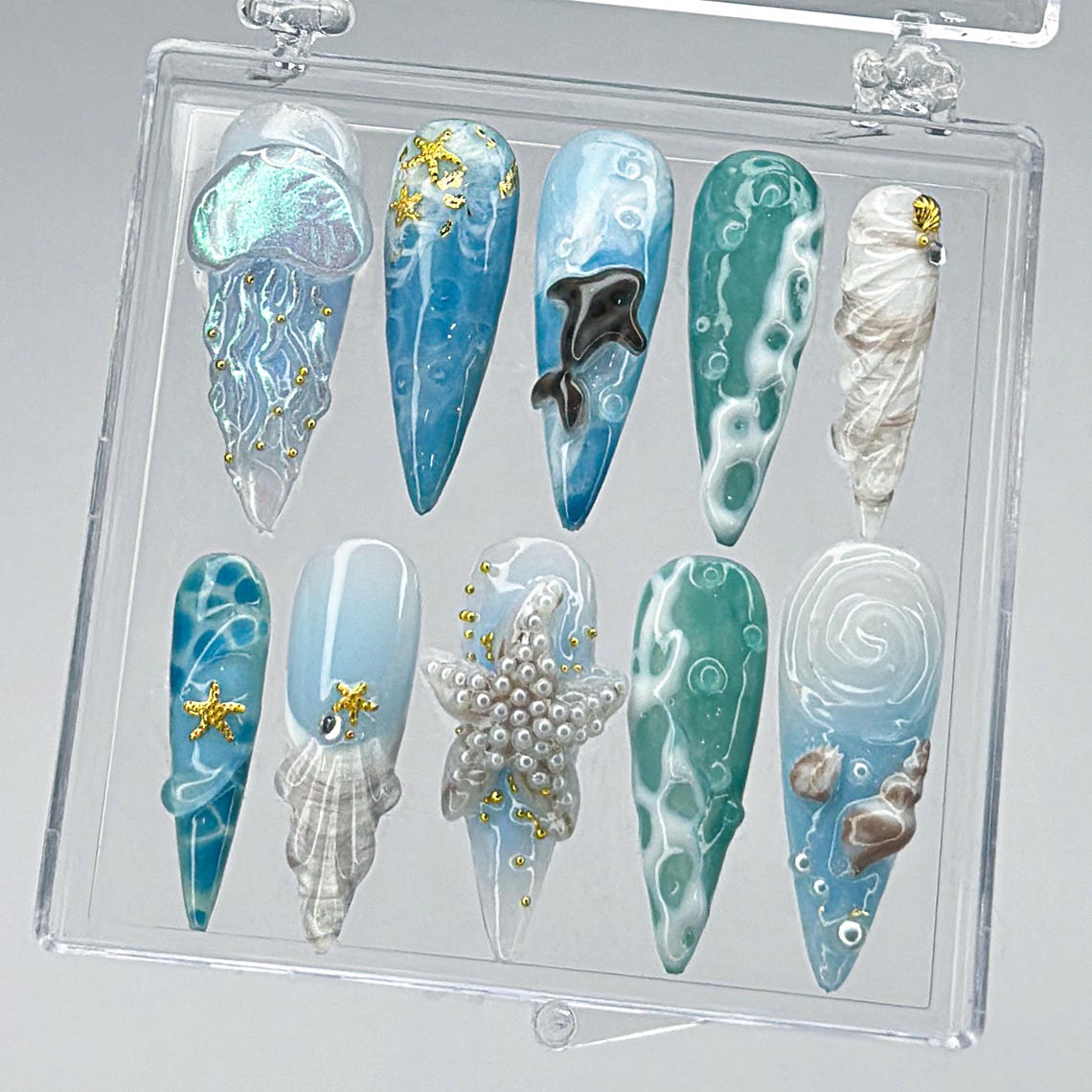Ocean Theme Press on Nails, 3D Jellyfish Starfish Sea Shell Nail Art ...